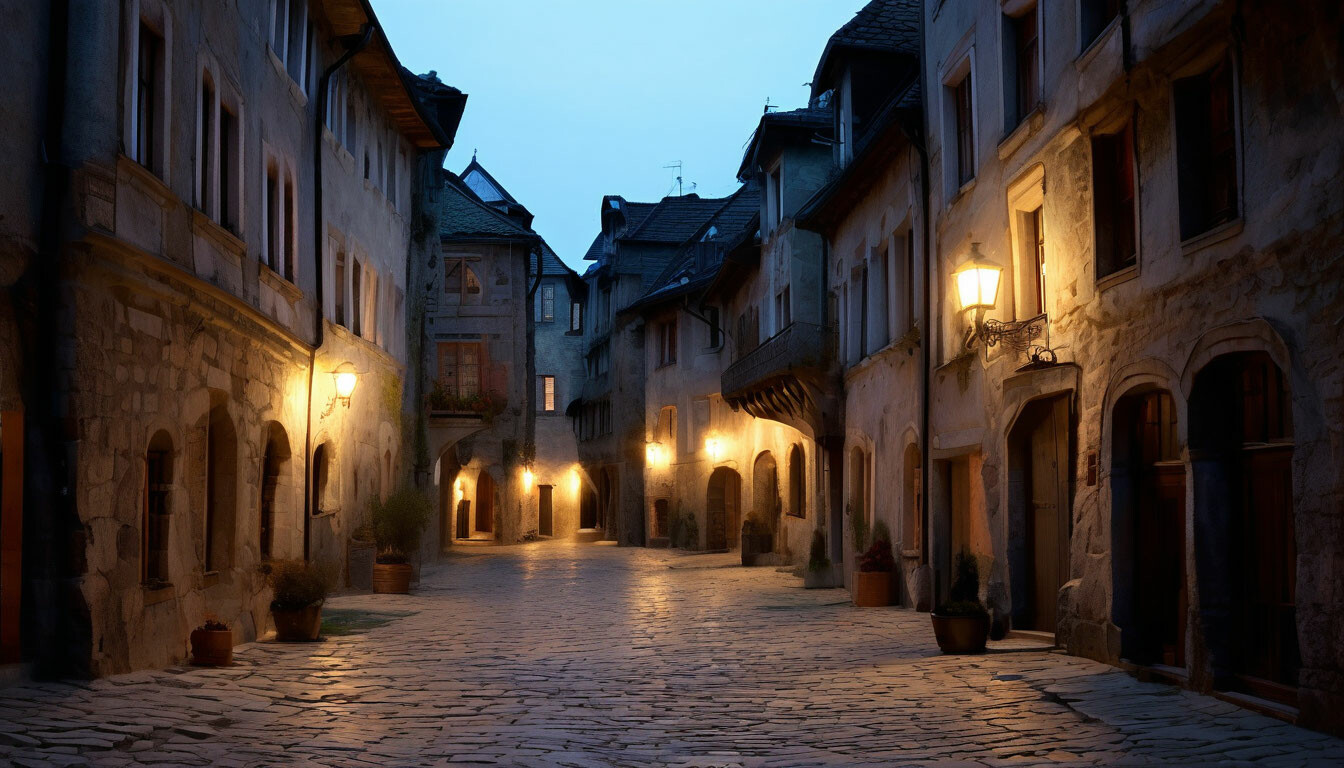 "An ancient European stone town. evening twilight. The windows are lit ...