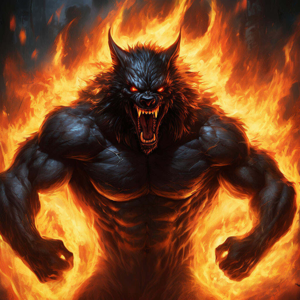 "Werewolf on fire muscle strength" — image created in Shedevrum