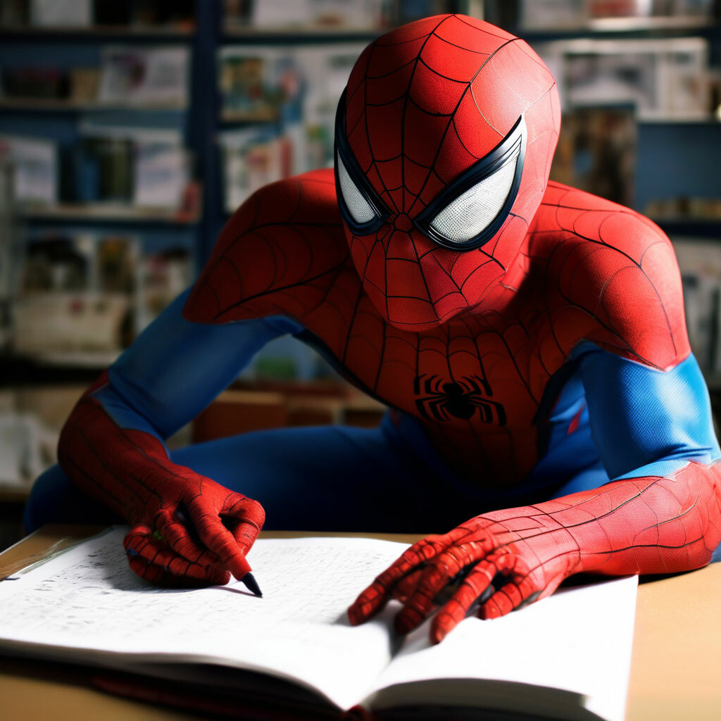 "Spiderman has been doing homework for…" — image created in Shedevrum