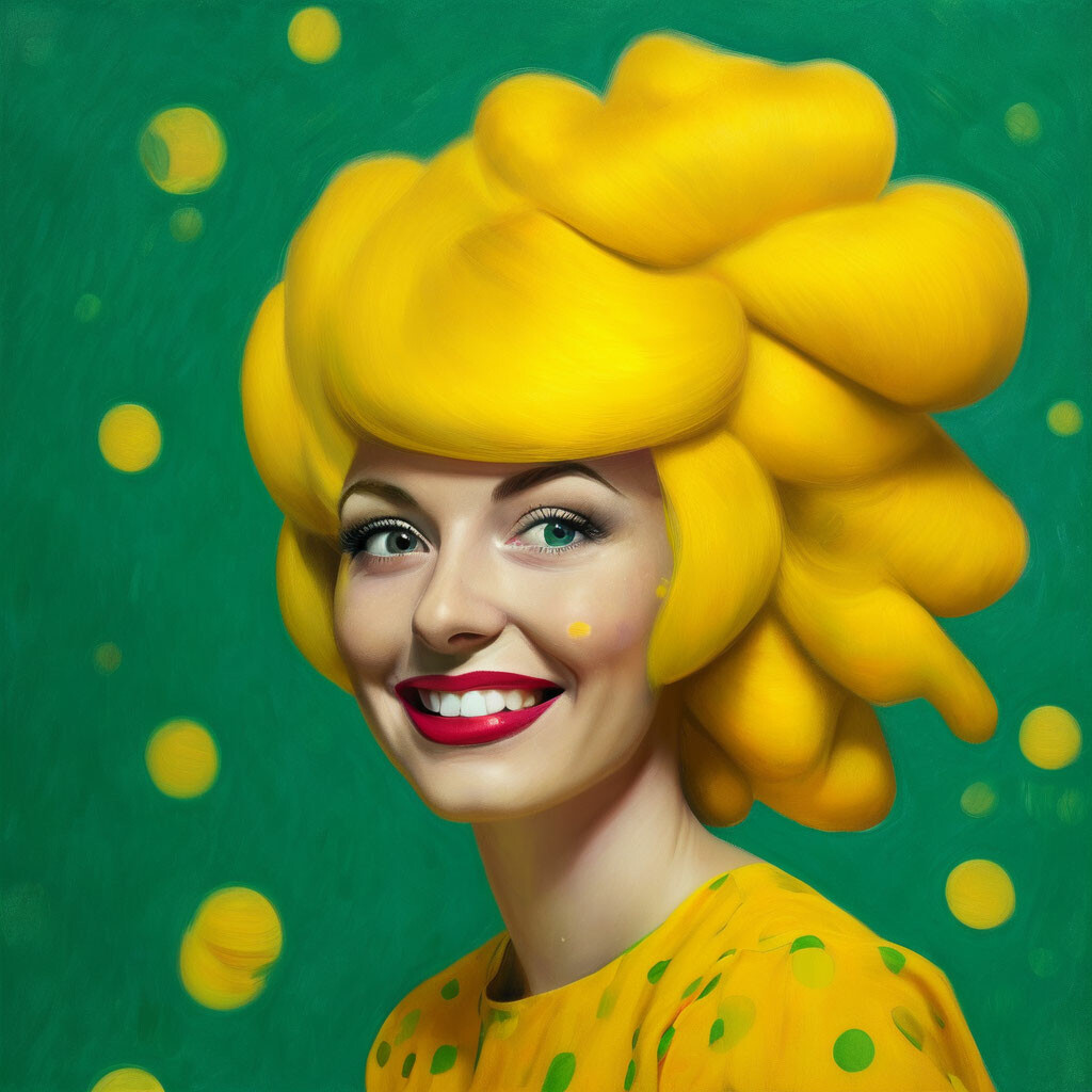 "A woman with a yellow life on a green…" — image created in Shedevrum