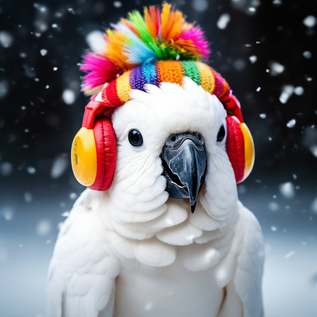 "A small white cockatoo parrot with the cutest face, in a colorful hat ...
