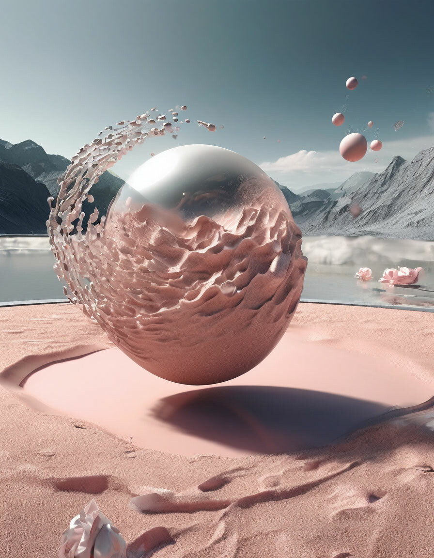 "Surrealism sand,geometry, a ball falls into the water,splash,roses ...
