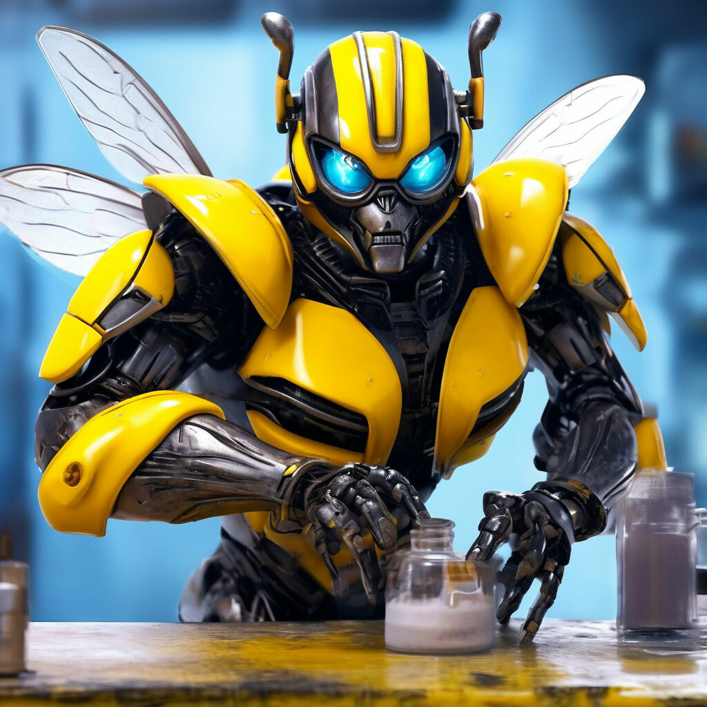 "Bumblebee mechanic washes his paws …" — image created in Shedevrum