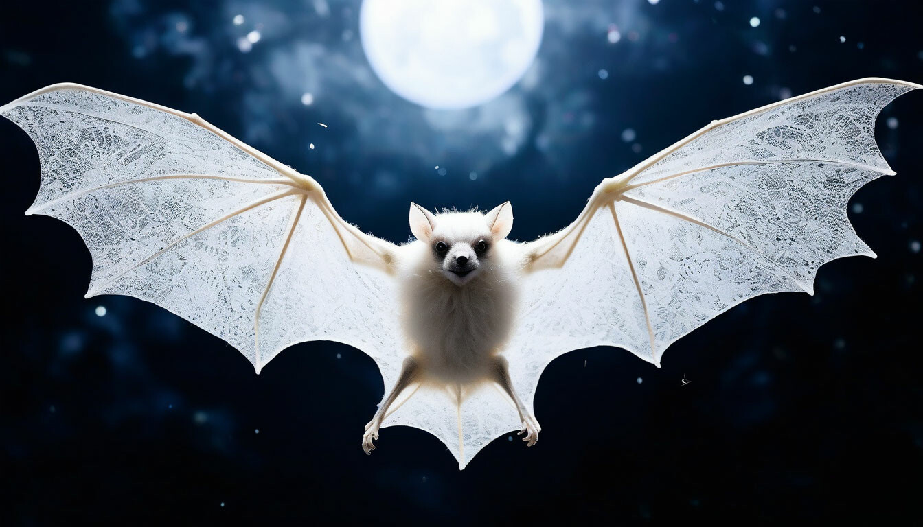 "🦇 beautiful white lace bat in flight…" — image created in Shedevrum