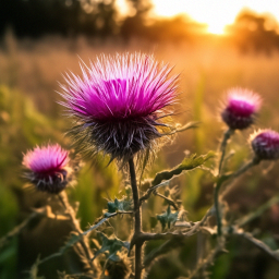 «Flowering thistle at dawn, flowers close-up, bright colors, high ...