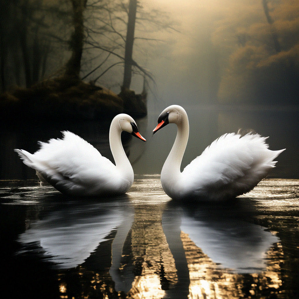 "Anthropomorphic swans dance ballet on a forest lake" — image created in Shedevrum