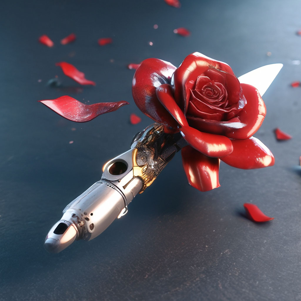 "Weapon , a rose flies out of it" — image created in Shedevrum