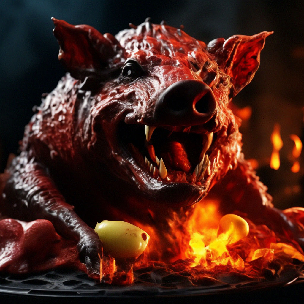 "An appetizing magical boar, animated food, a cadaver made of pieces of ...