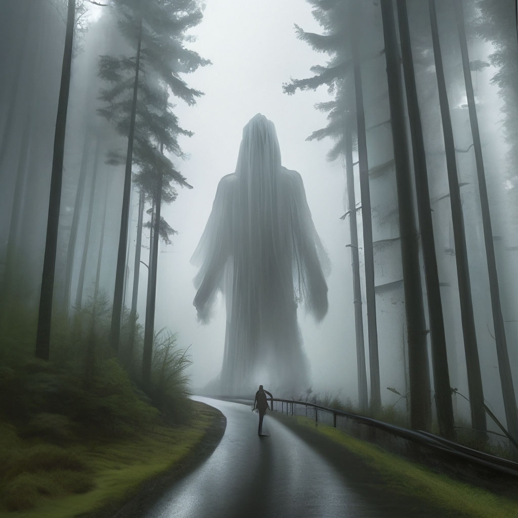 "Ghostly giant over the forest, forest road, foggy" — image created in ...