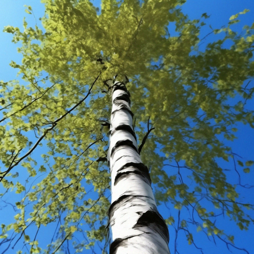 "Birch tree crown,bottom view,blue sky background An epic work of ...