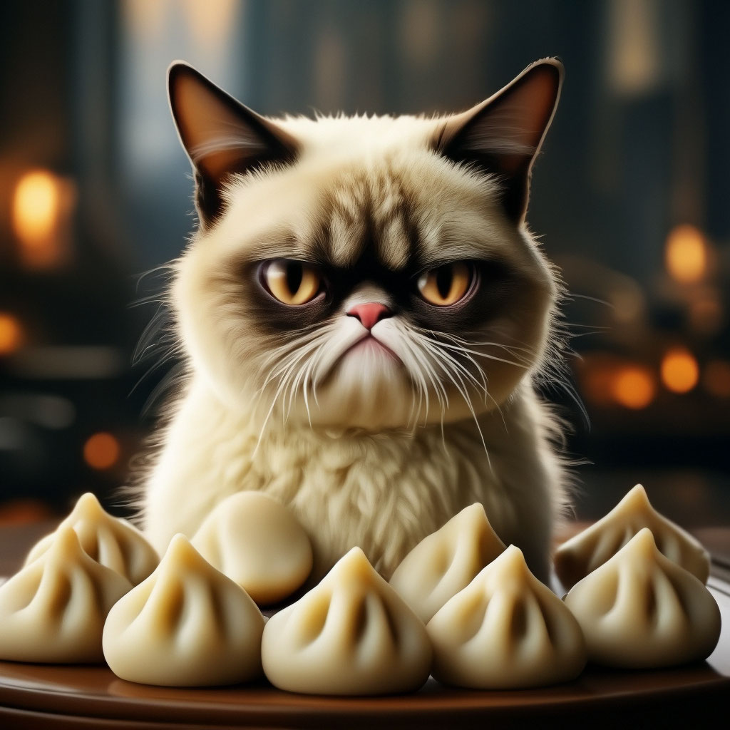 "Dumplings in the shape of a grumpy cat" — image created in Shedevrum