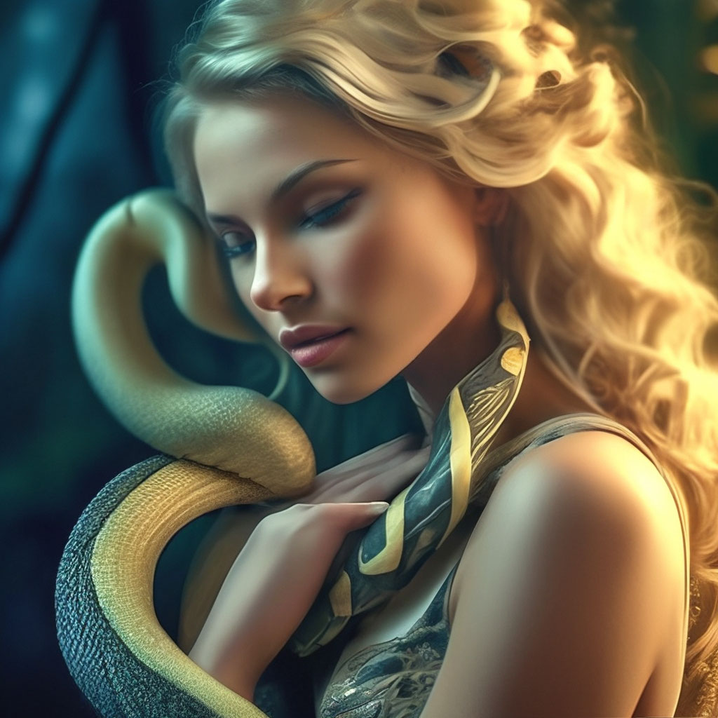"Beautiful woman+ snake blonde long curls, aesthetically pleasing ...