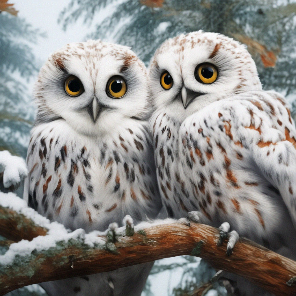 "Pine forest,white small owls,fluffy, cute,two owls,opened their mouths ...