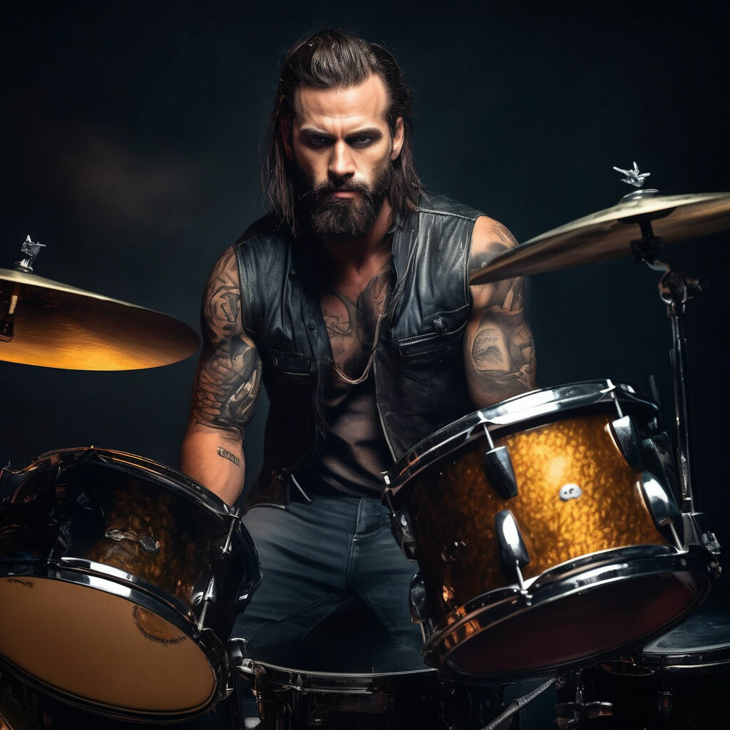 "Brutal handsome drummer of a rock band" — image created in Shedevrum