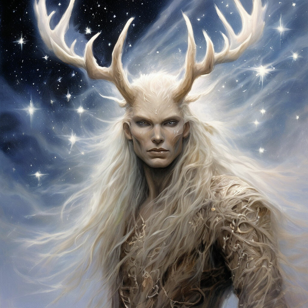 "Dry pastel, white ink drawing, night, Luis Royo style, stars, deer man ...