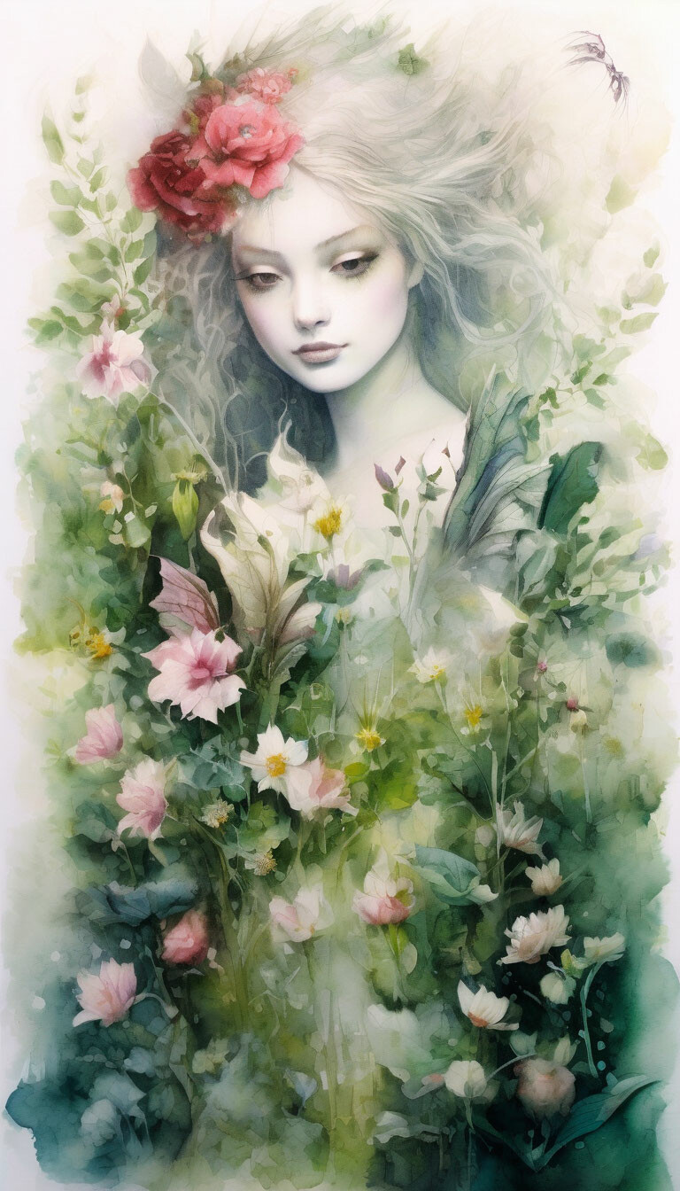 "Fantasy garden Fabulous, magical, fairies on flowers, portrait ink ...