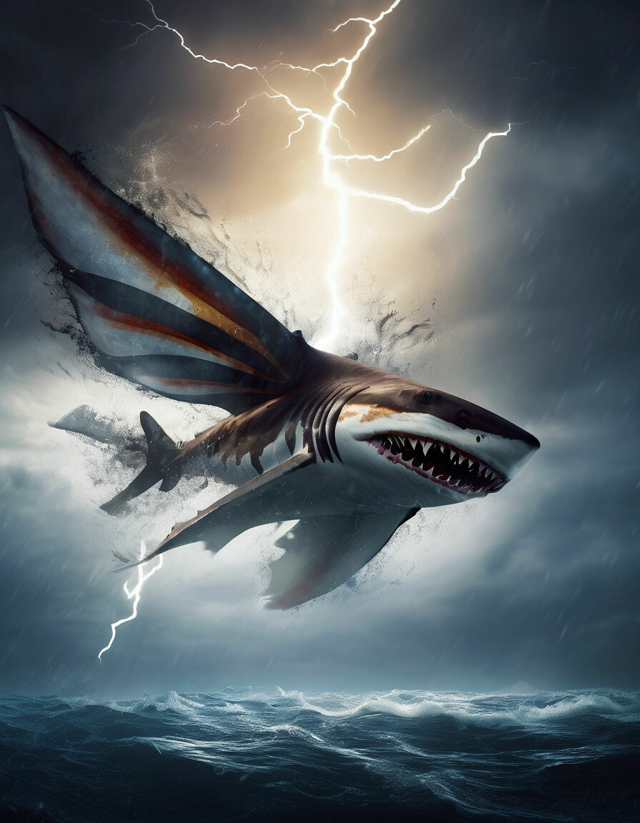 "Horror striped shark of unknown shape with butterfly wings hovers over ...