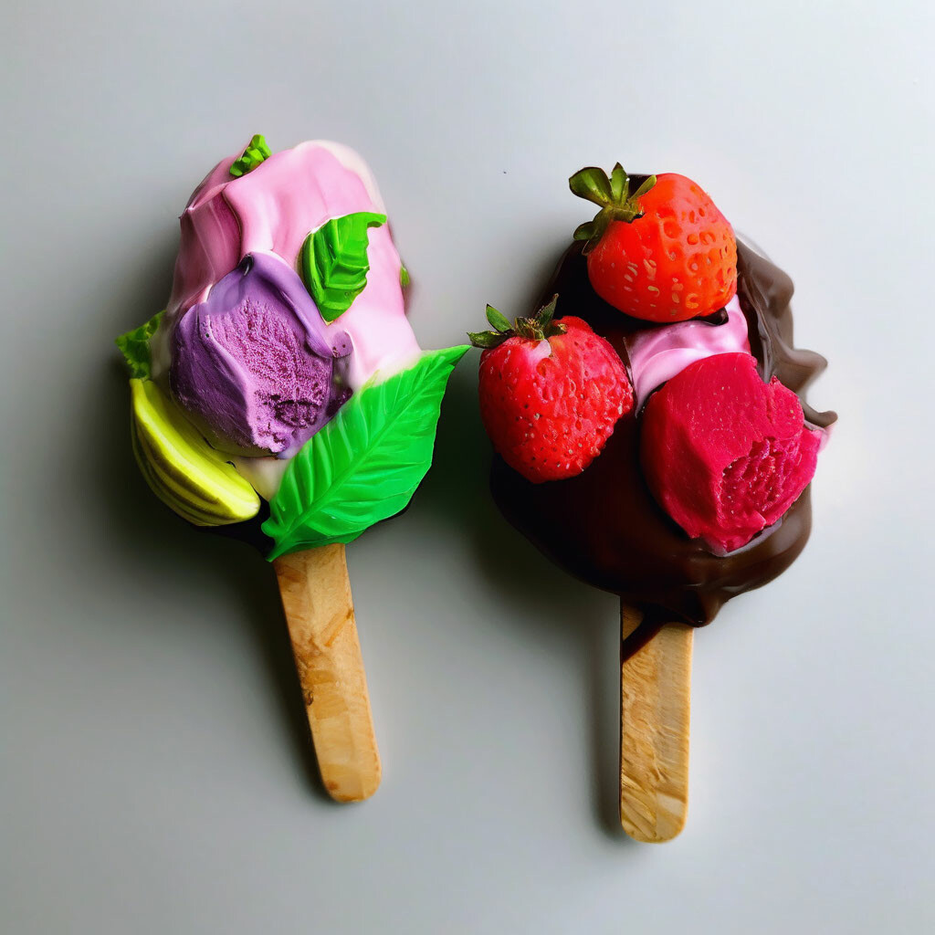 "Ice cream fruit boom in edible chocolate leaves on a stick" — image ...