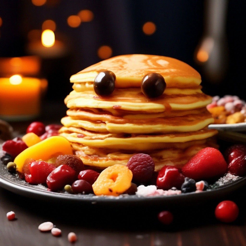 "A live pancake eats sweets" — image created in Shedevrum