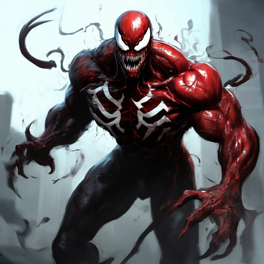"🤍 concept art, comics,red Venom,muscles,atmospheric,dark,dynamic pose ...