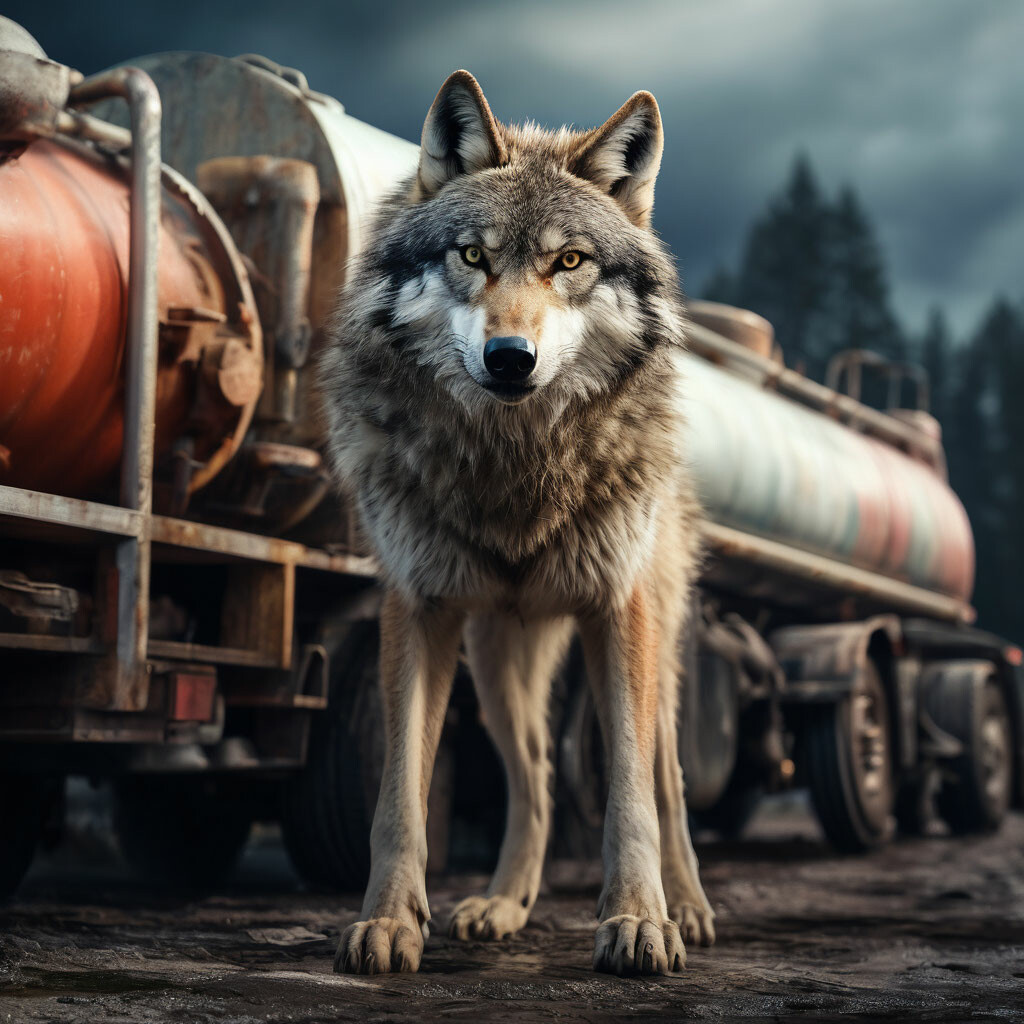 "The wolf brought water on a tanker truck, realistic, professional ...