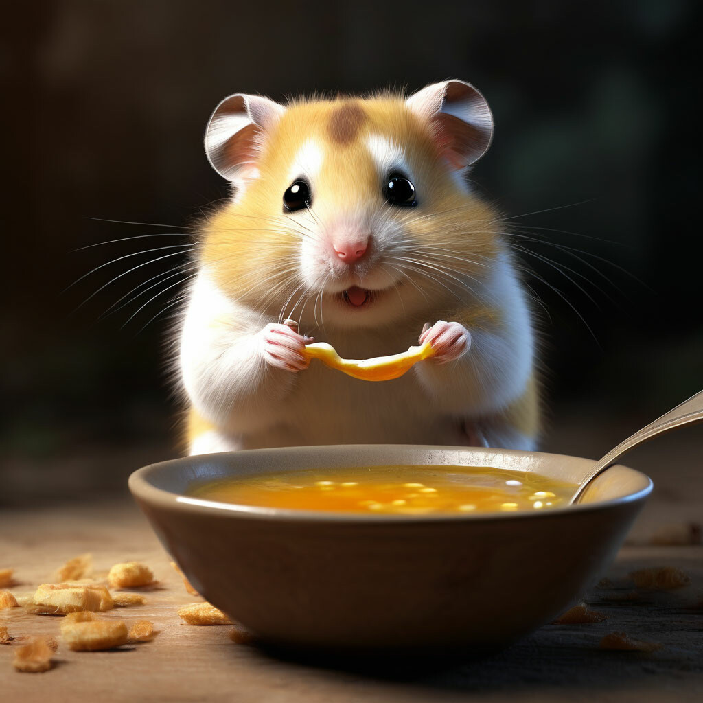 "Hamster, eating soup, holding a spoon in his paws, 4k, high detail ...