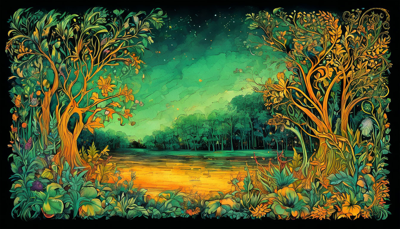 "Neon swamp-green-amber atmosphere. in a floral ornament, in the Old ...