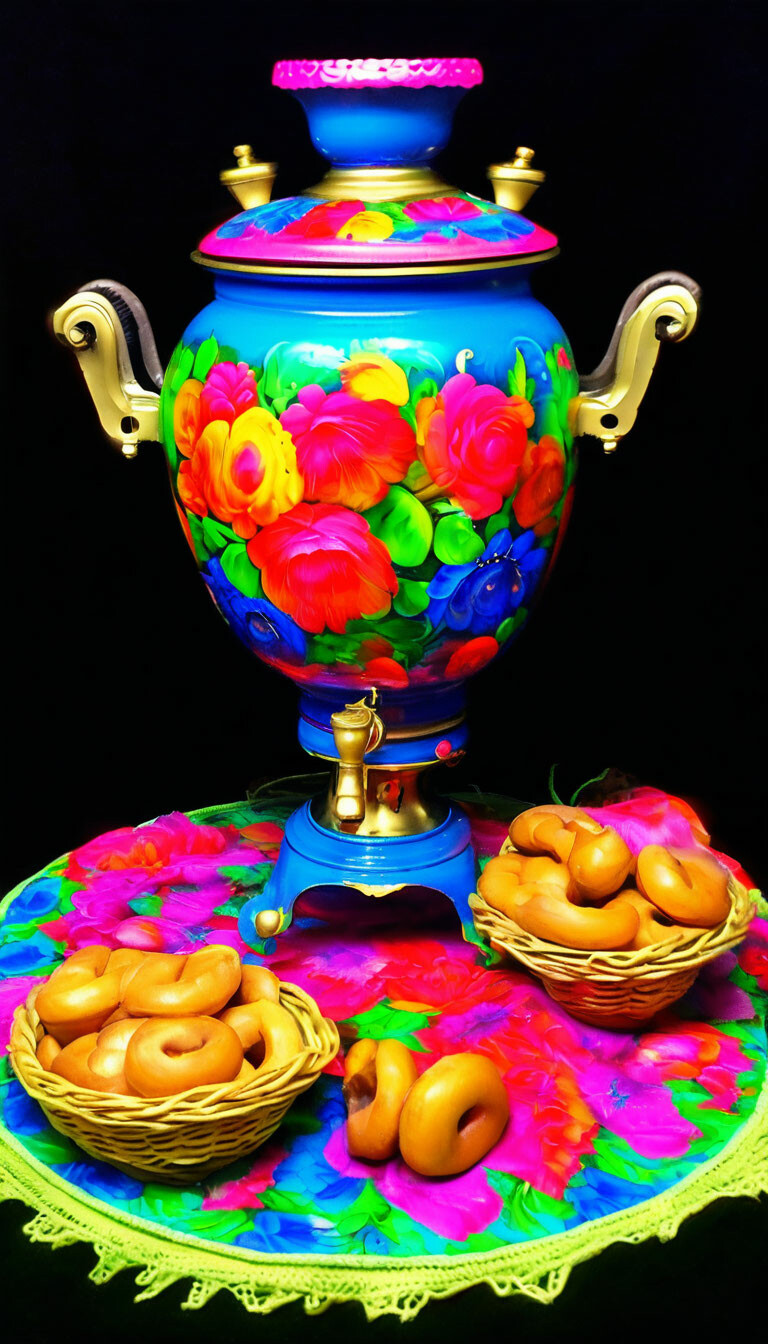 "A painted samovar In the style of Zhostovo painting , neon colors ...