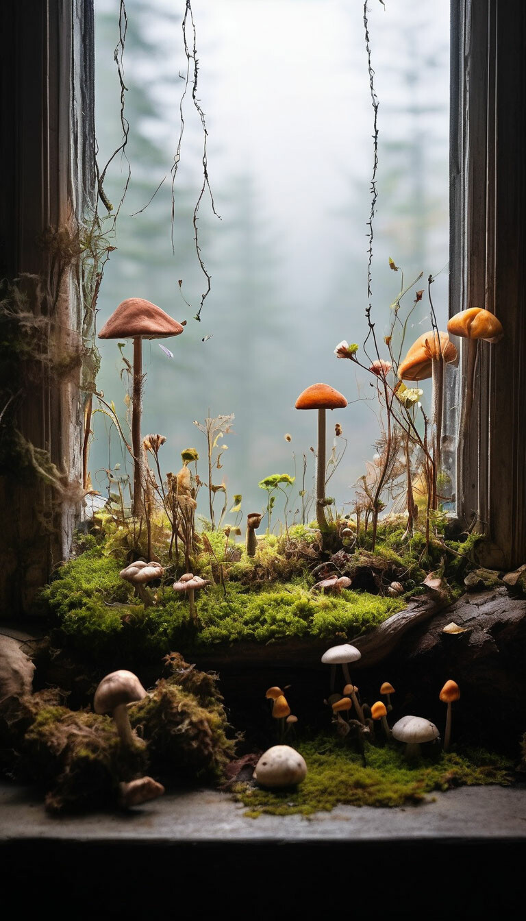 "Micro-forest on the windowsill, mushrooms, hanging plants, open window ...