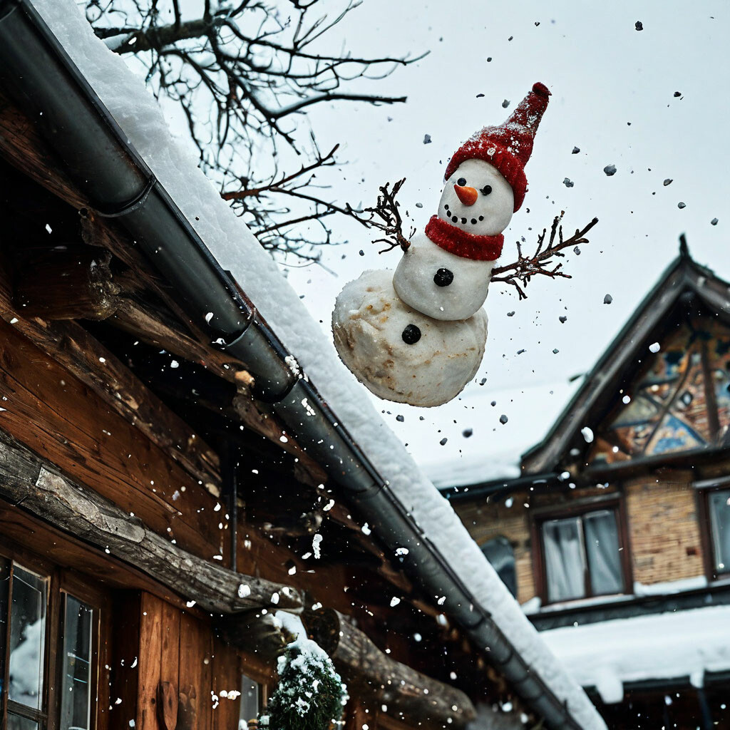 "A snowman falls from the roof" — image created in Shedevrum