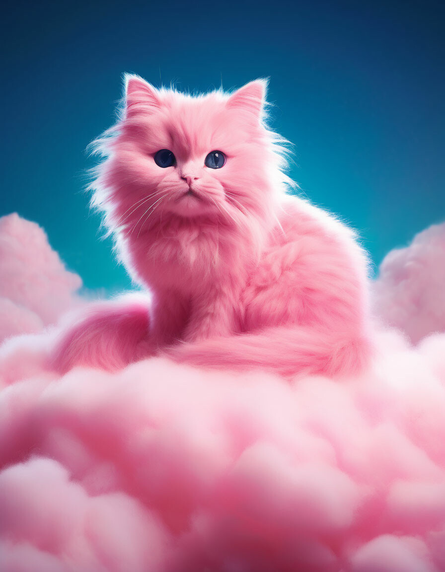 "A pink fluffy cat is sitting on a …" — image created in Shedevrum