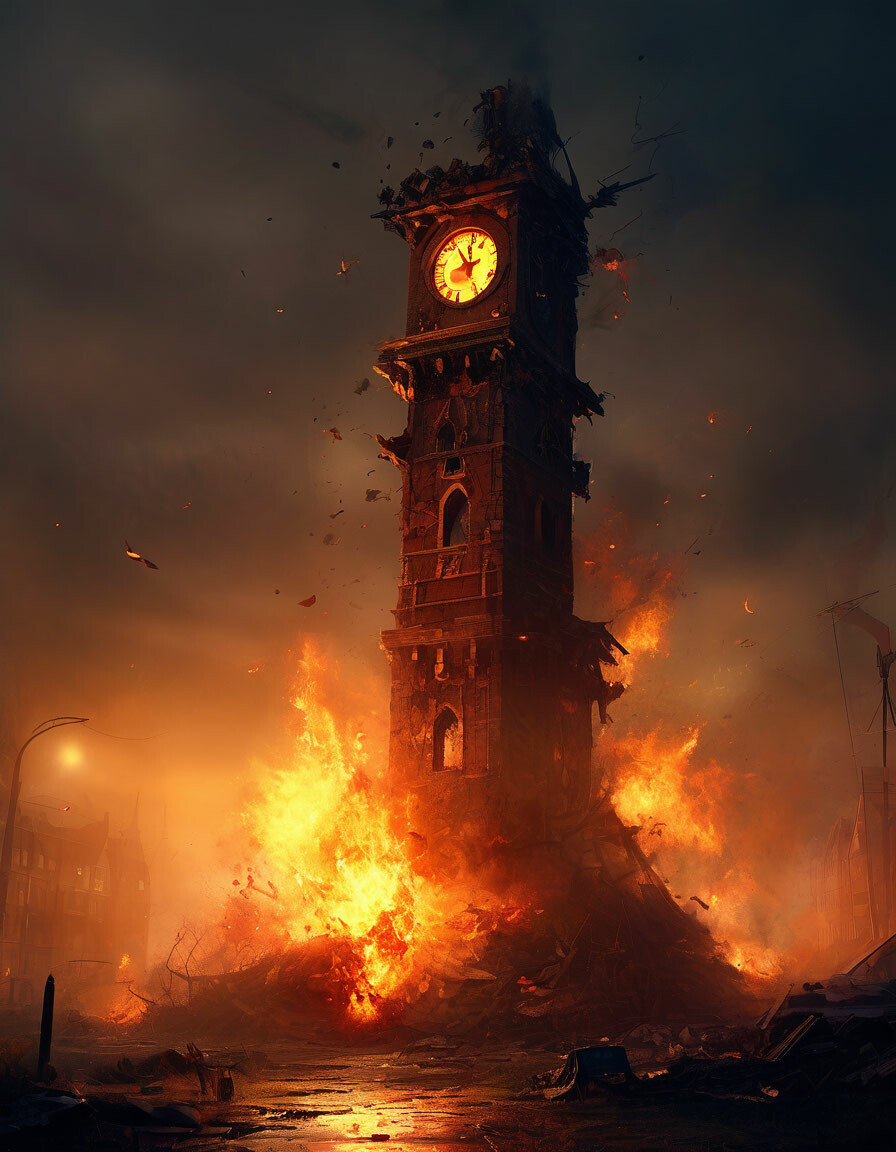 "The ruined clock tower is on fire" — image created in Shedevrum