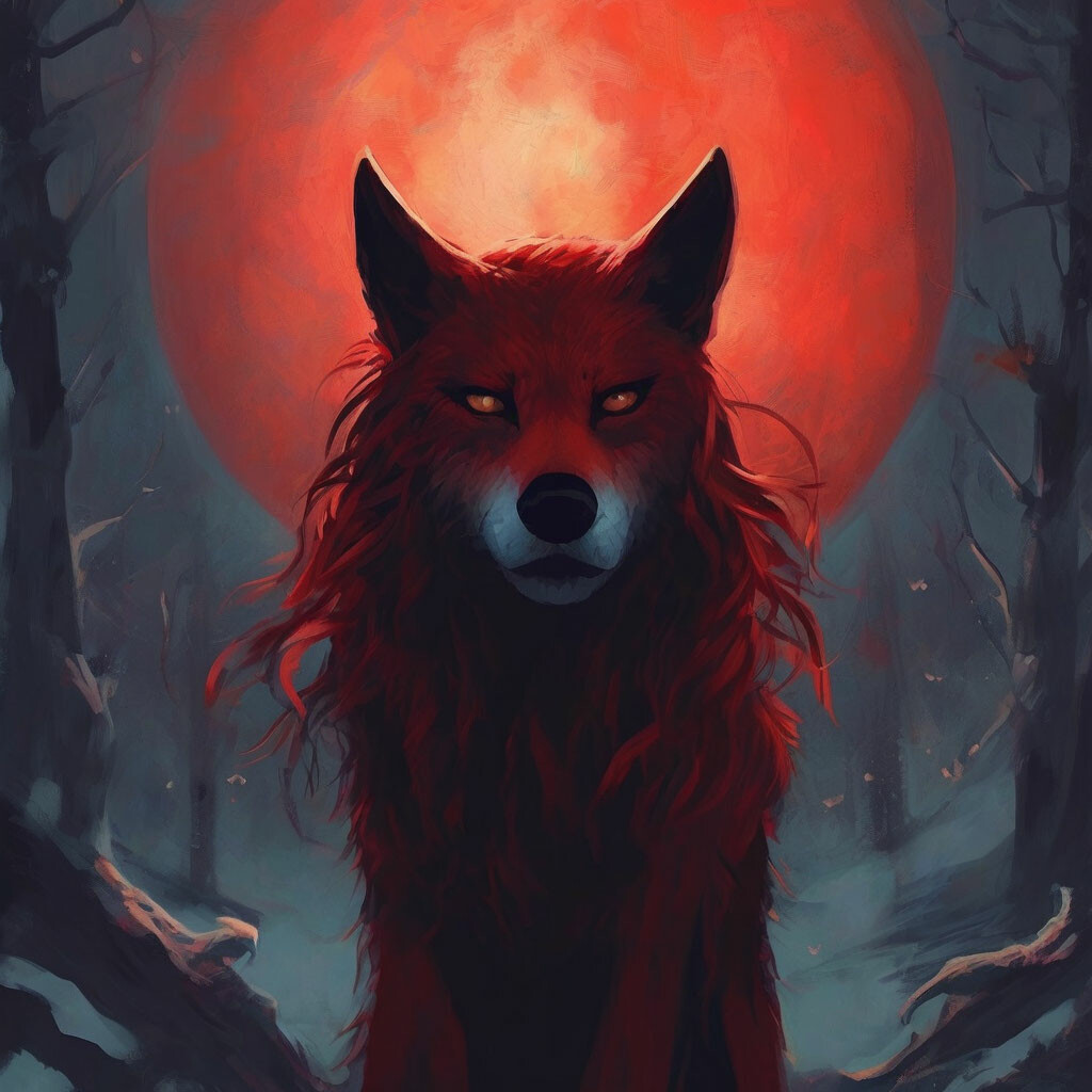 "Red moon girl turns into a wolf" — image created in Shedevrum