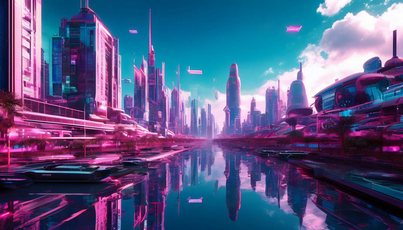 "Vaporware-style city of the future" — image created in Shedevrum