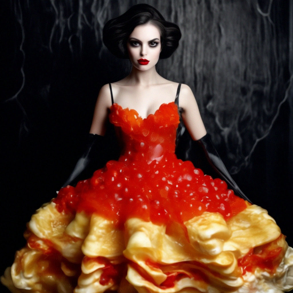 "Vintage style,woman in a pancake dress,juicy butter pancake,cocoanut ...