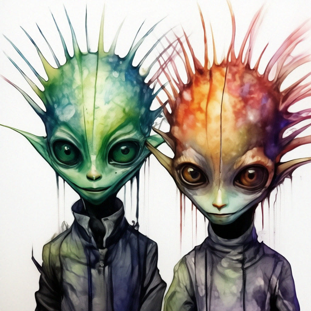 "Alien children subtle drawing with multicolored ink English ...