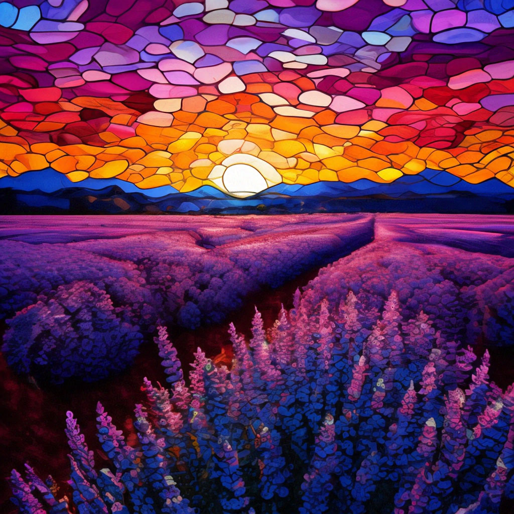 ". lavender field, refraction of light, stained glass mosaic, high ...