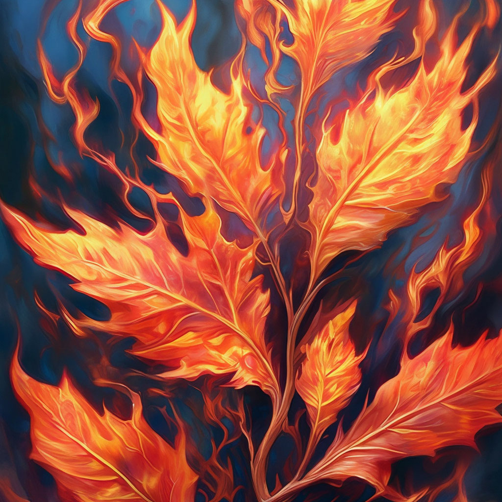 "Leaves on fire, botanical art, realistic" — image created in Shedevrum