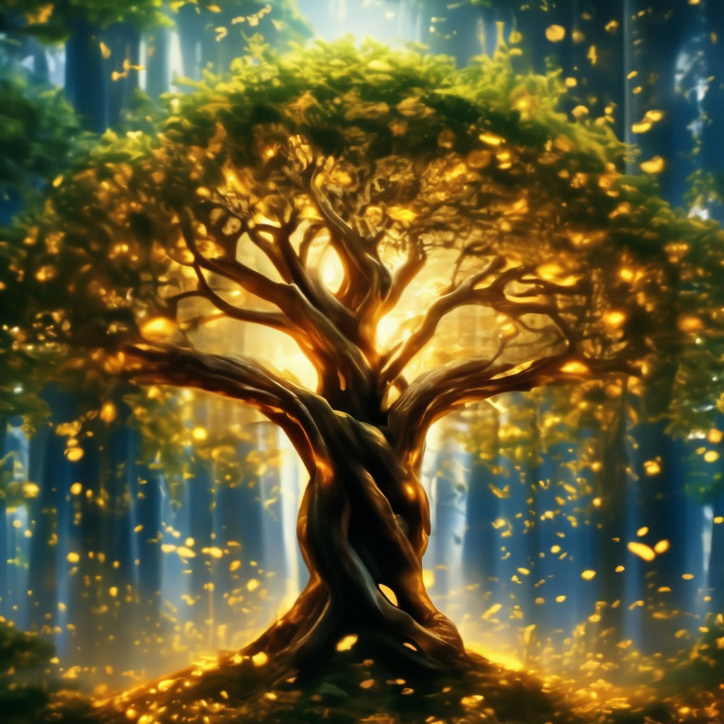 " Teleport Fabulous tree thick twisted trunk, lush foliage, fireflies ...