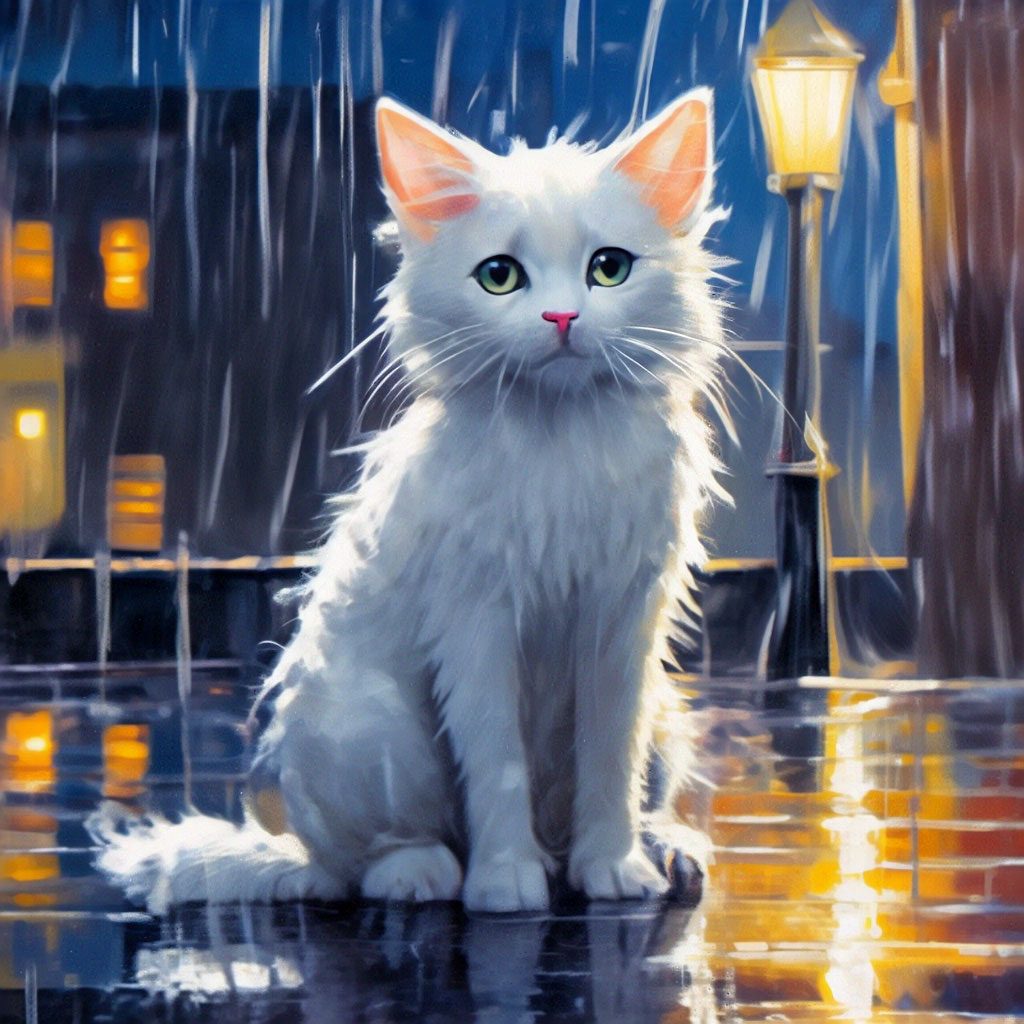 "White Kitty, late at night, in the rain, light, depression" — image ...