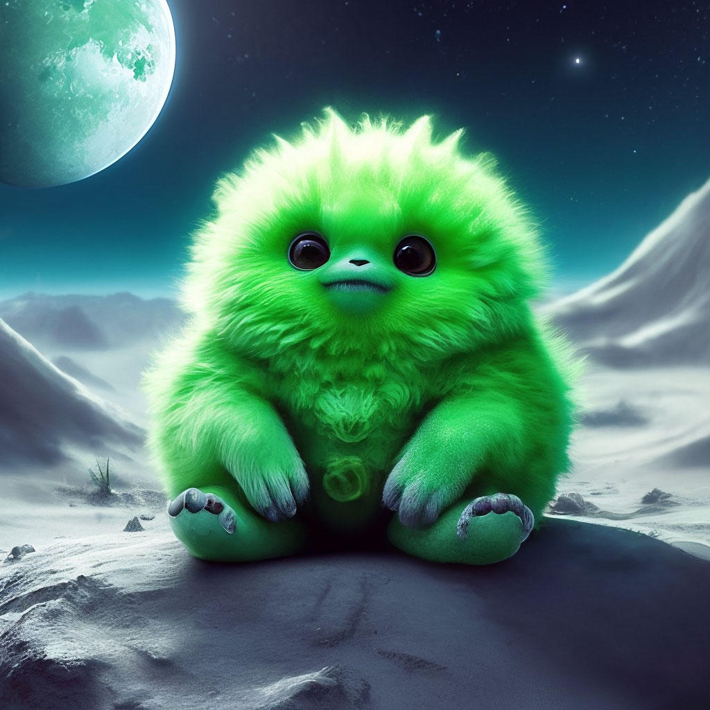 "A small fluffy alien beast of green color is sitting on the moon ...