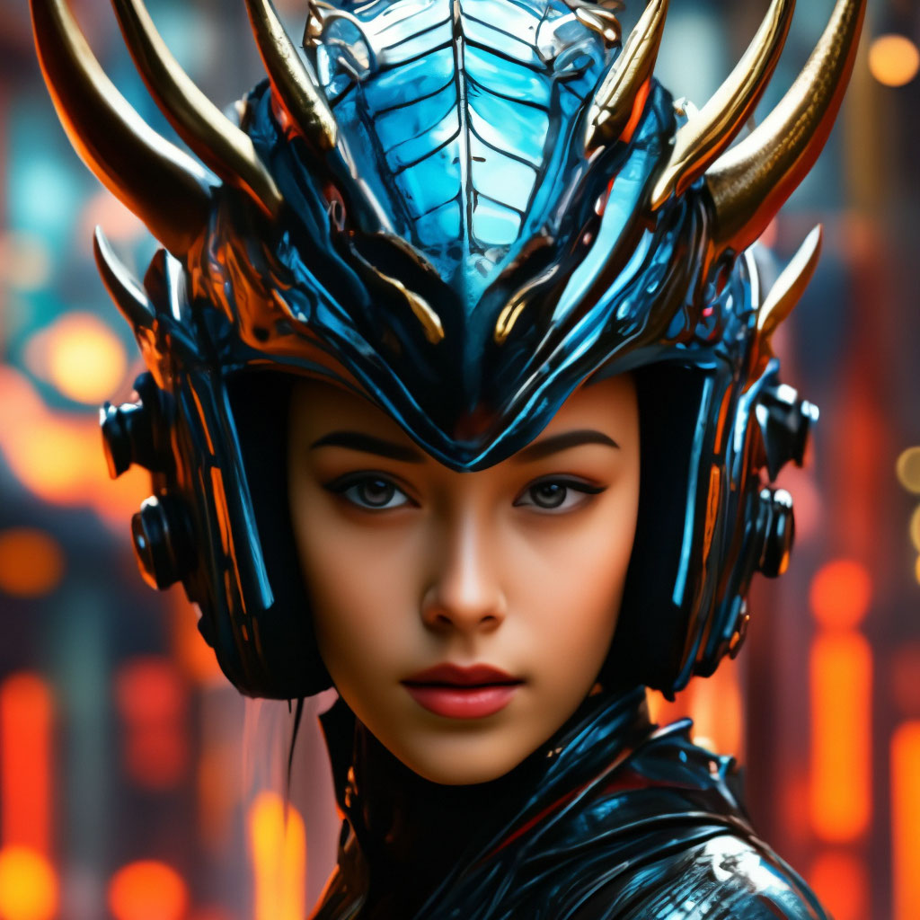 "Art of girl wearing a dragonlike helmet, in the style of surreal ...