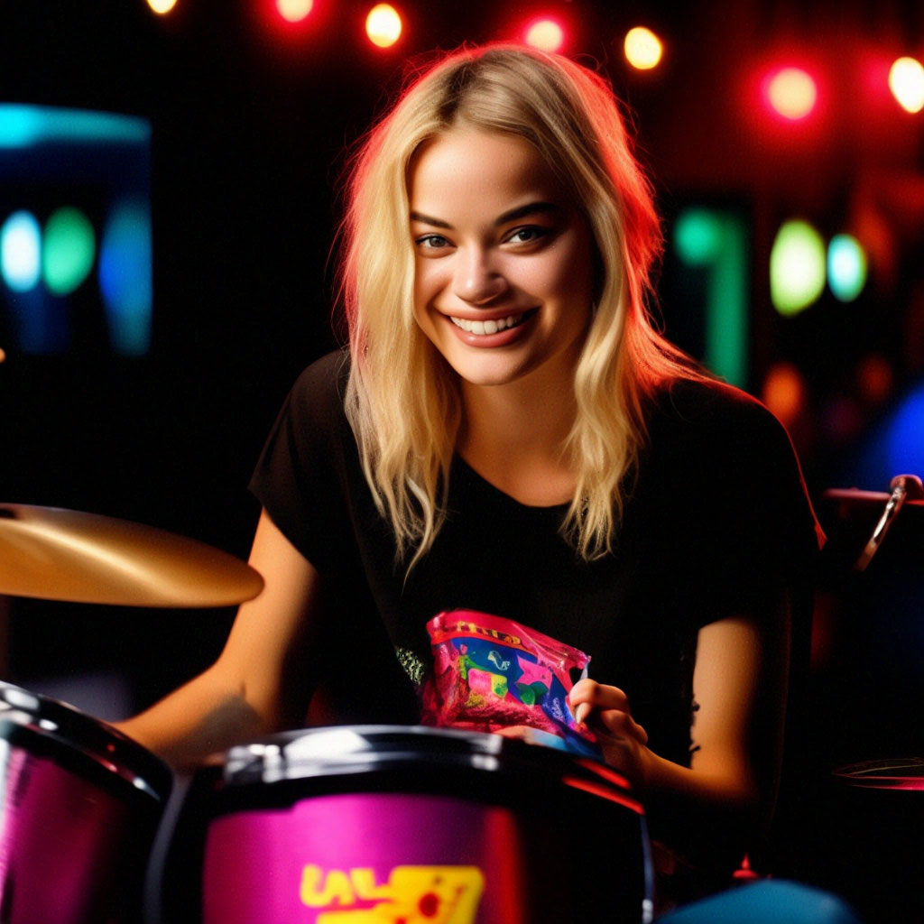"Margo Robby. an Australian actress. He sits at the drums. He plays ...
