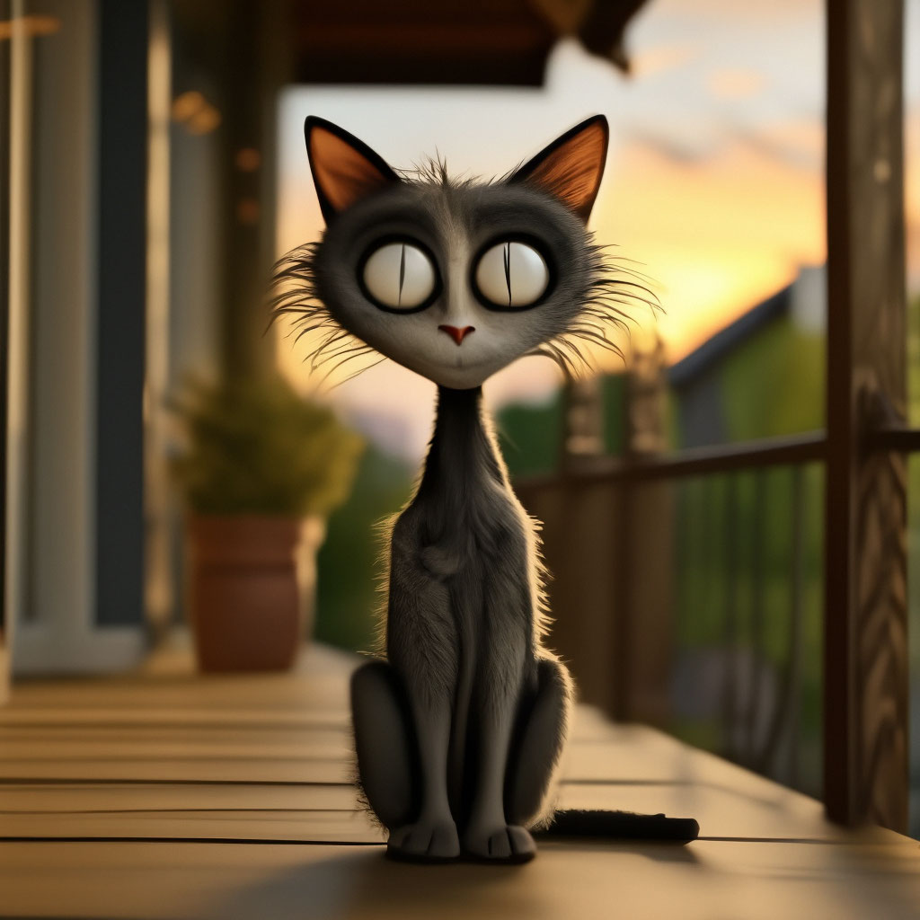 "The thin cat sad view, standing on the porch, in the style of Tim ...