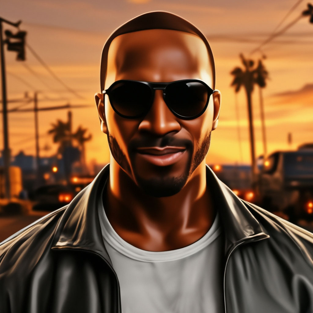 "CJ smiles against the background of Armageddon in GTA San Andres style ...