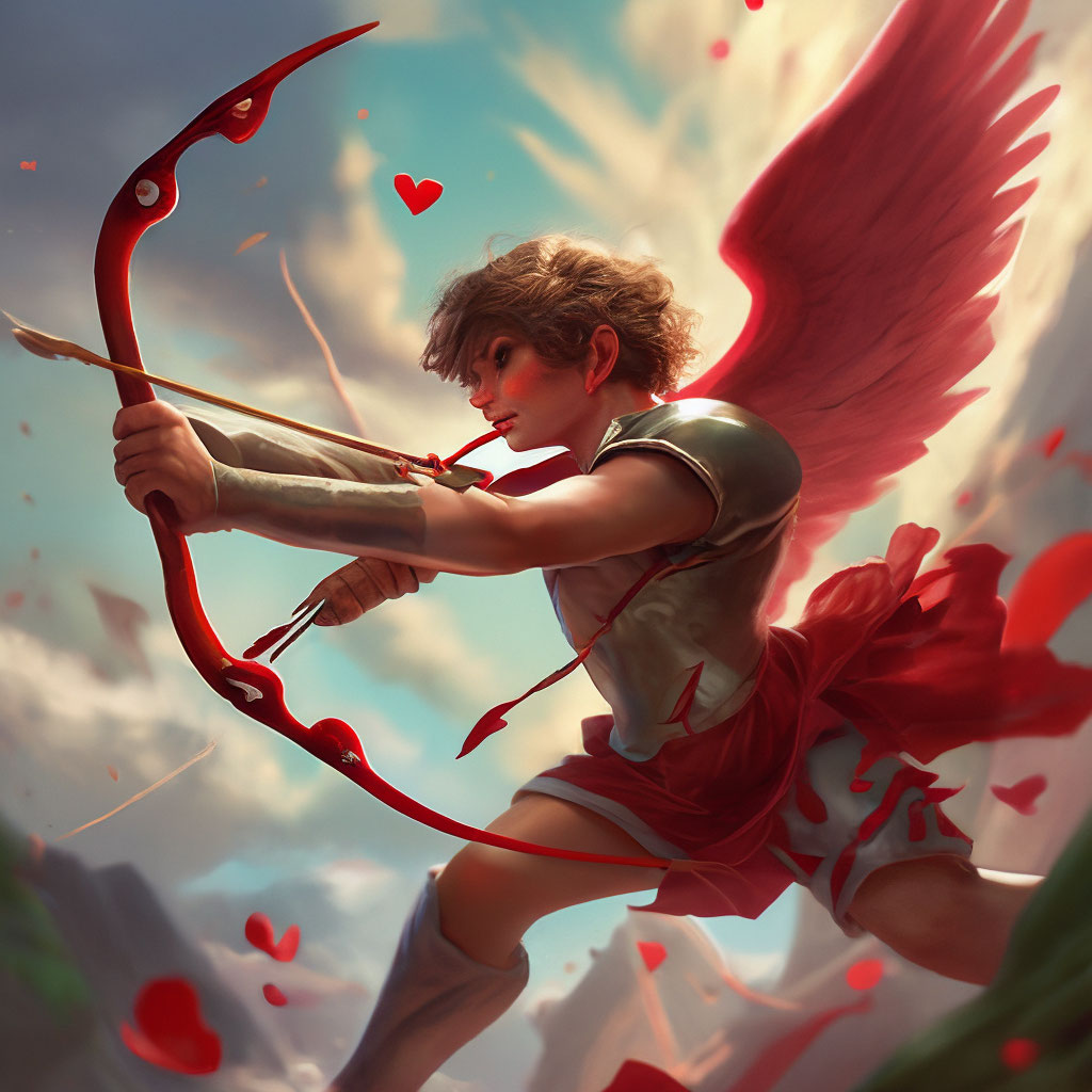 "The evil cupid shoots an arrow at the fury" — image created in Shedevrum