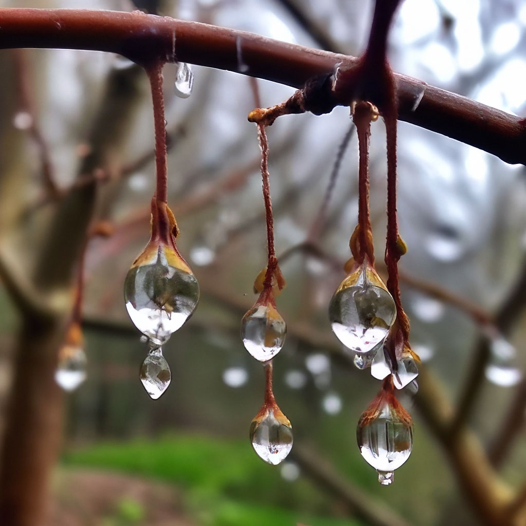 "Spring Funny drops hanging on twigs with paws, big one eye, clarity of ...