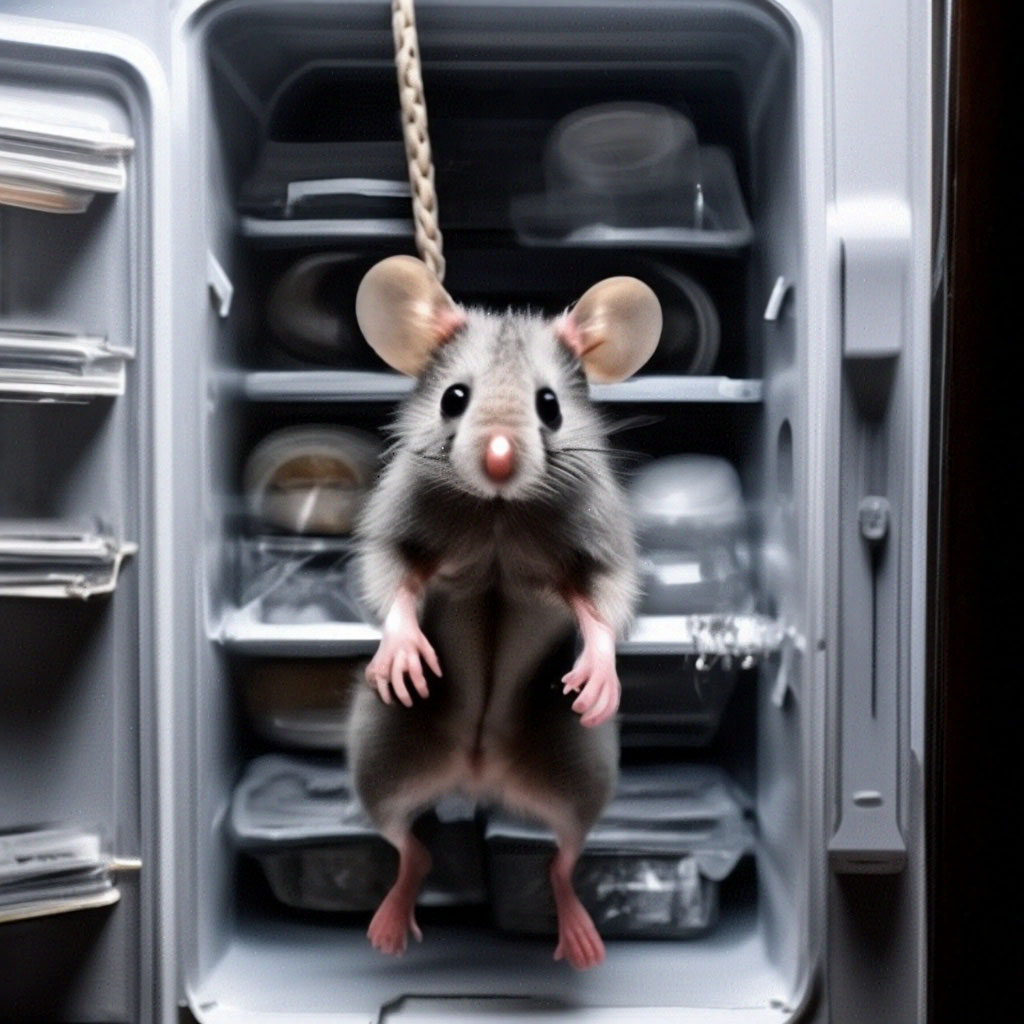 "The mouse is hanging on a rope in the refrigerator" — image created in ...