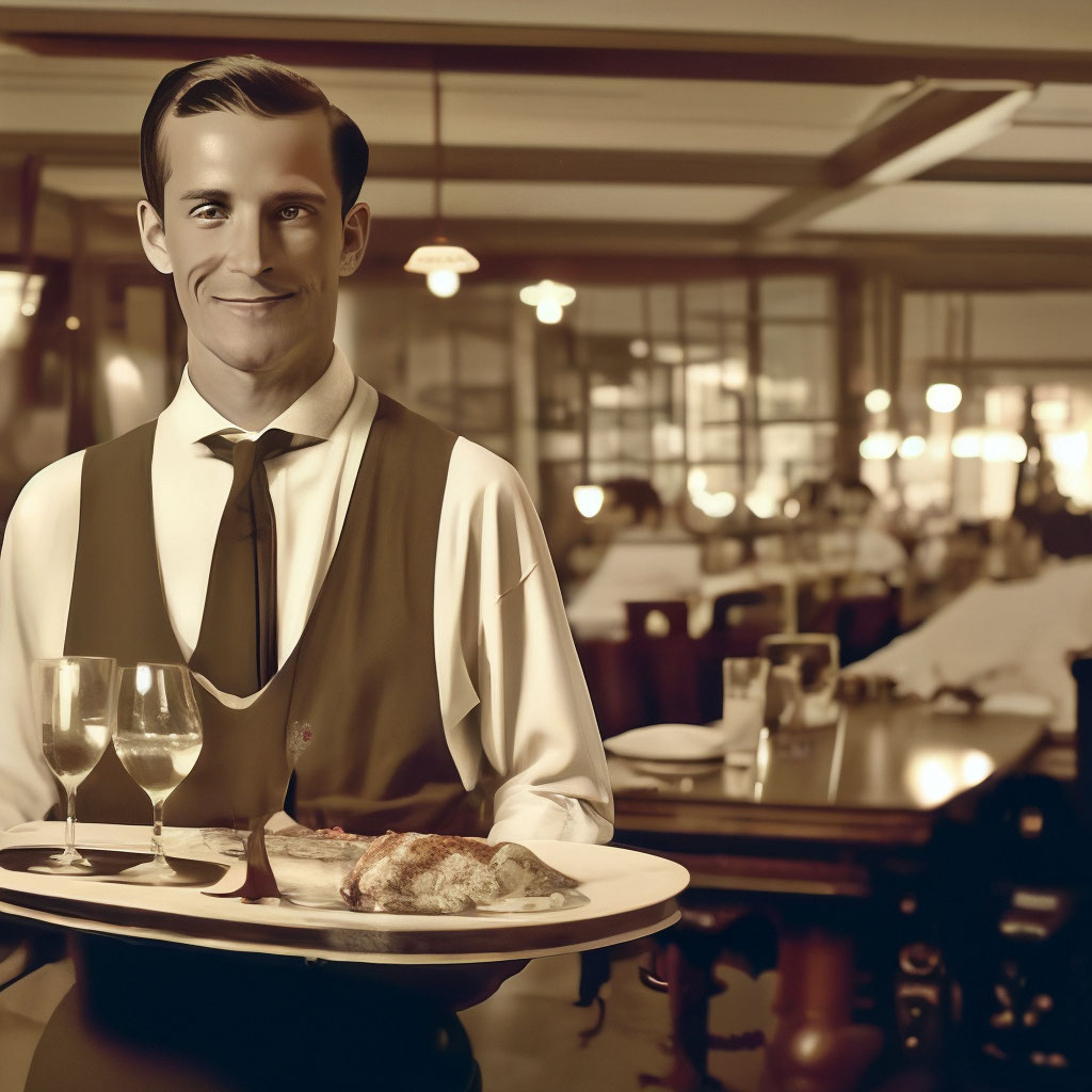 "The waiter carries wine on a tray in the restaurant. Old atmospheric ...