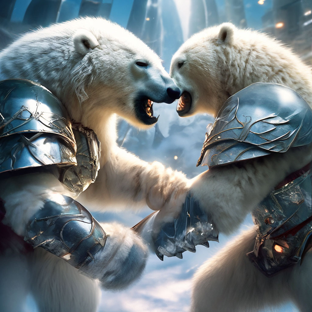 blow with a furry paw close-up, battle of two polar bears in knight's ...
